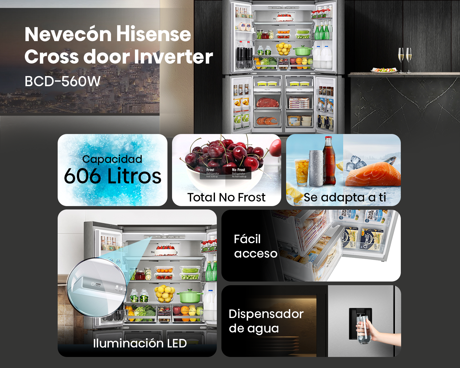 Nevecón Hisense Cross door Inverter 606 Litros BCD-560W - Hisense