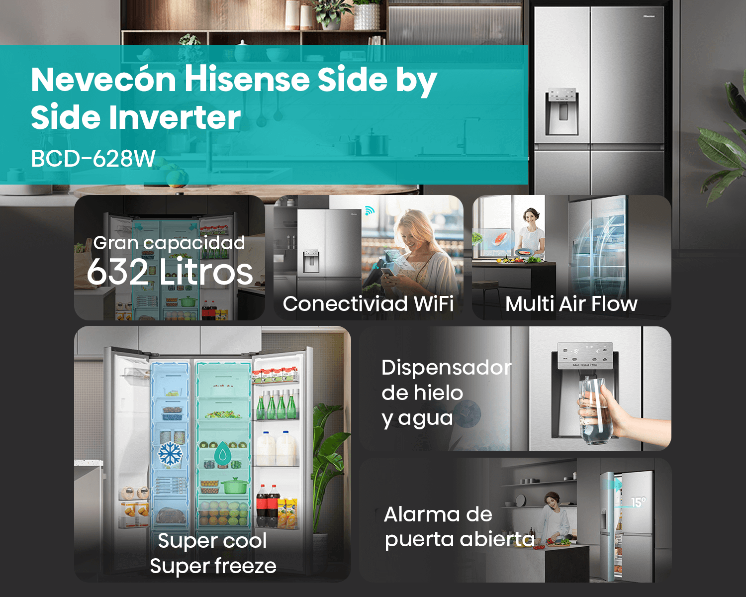 Nevecón Hisense Side by Side Inverter 632 Litros BCD-628W - Hisense