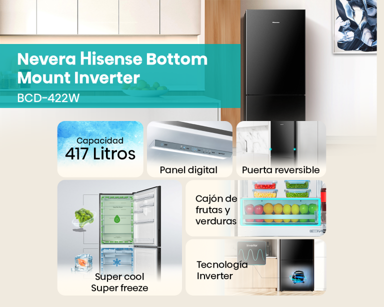Nevera Hisense Bottom Mount Inverter 417 Litros BCD-422W - Hisense
